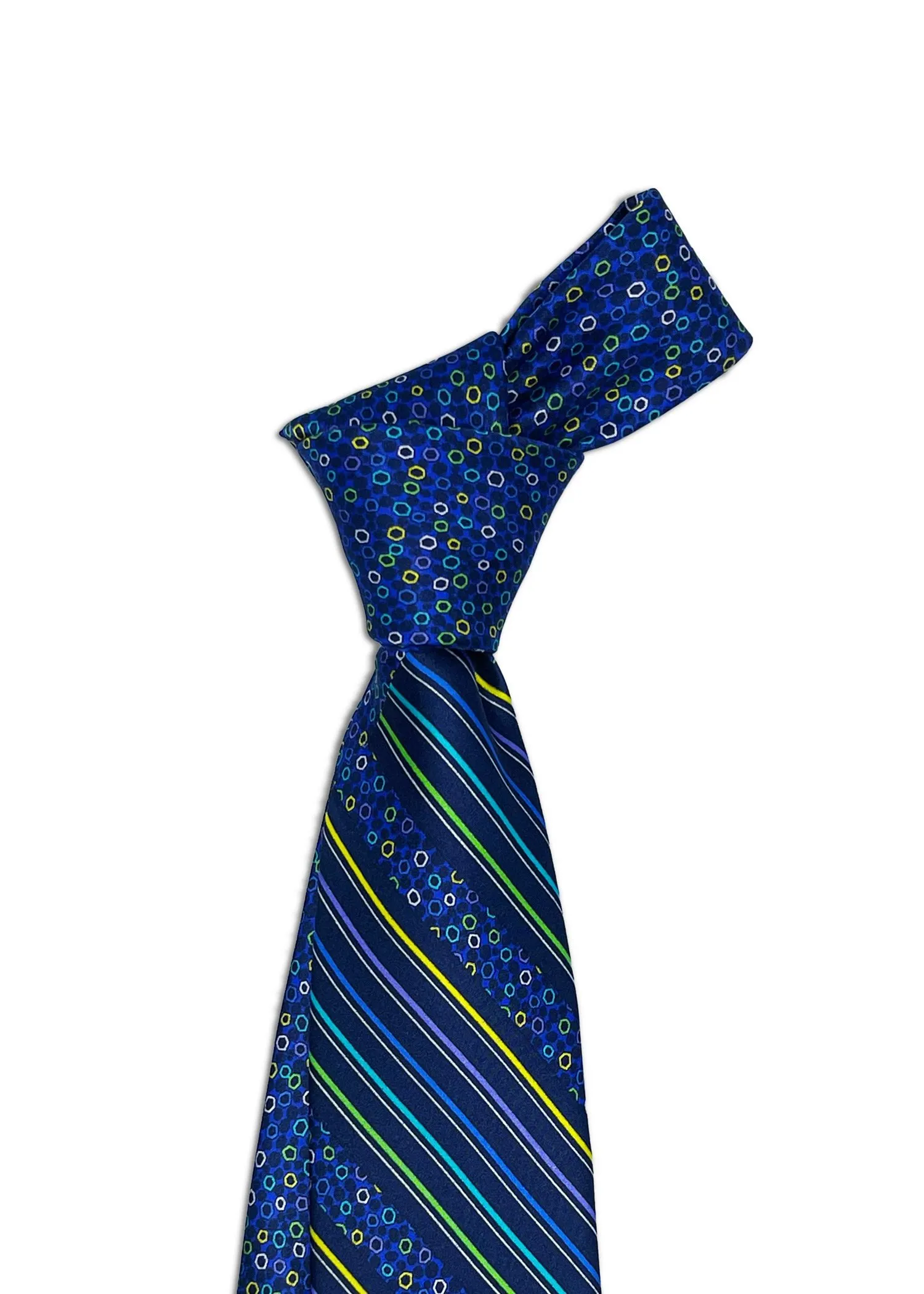 Cravatta Blu con Righe Multicolore e Nodo con Micro Rombi - Vitaliano