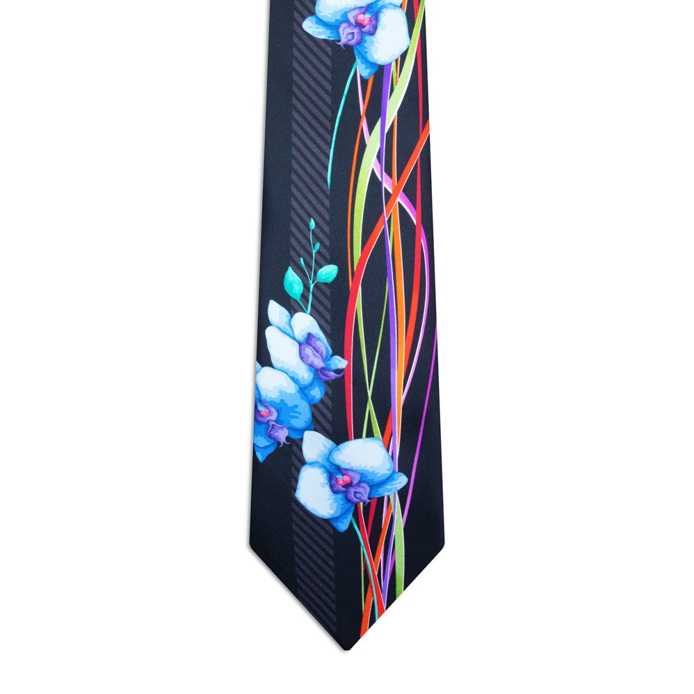 Signature Black Tie with Stipes, Light Blue Flowers and Ribbons - Vitaliano