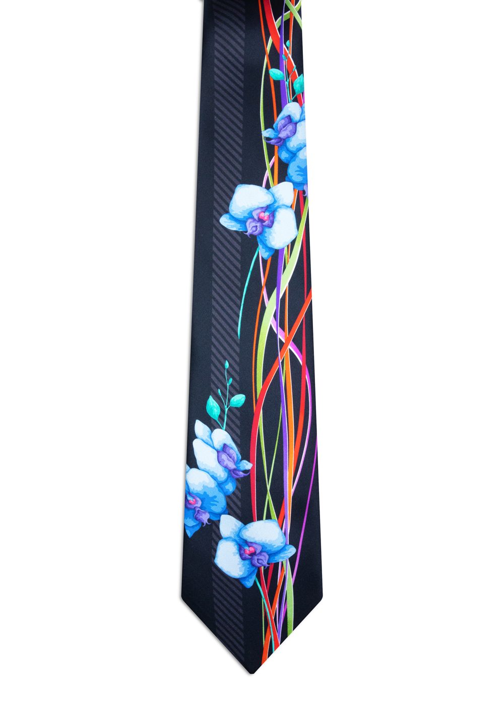Signature Black Tie with Stipes, Light Blue Flowers and Ribbons - Vitaliano