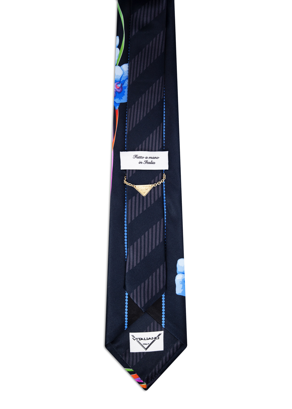 Signature Black Tie with Stipes, Light Blue Flowers and Ribbons - Vitaliano