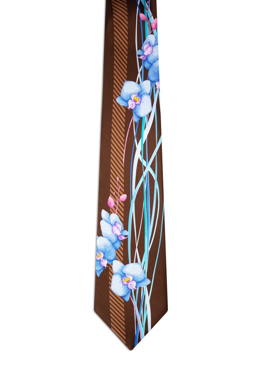 Signature Brown Tie with Stipes, Light Blue Flowers and Ribbons - Vitaliano